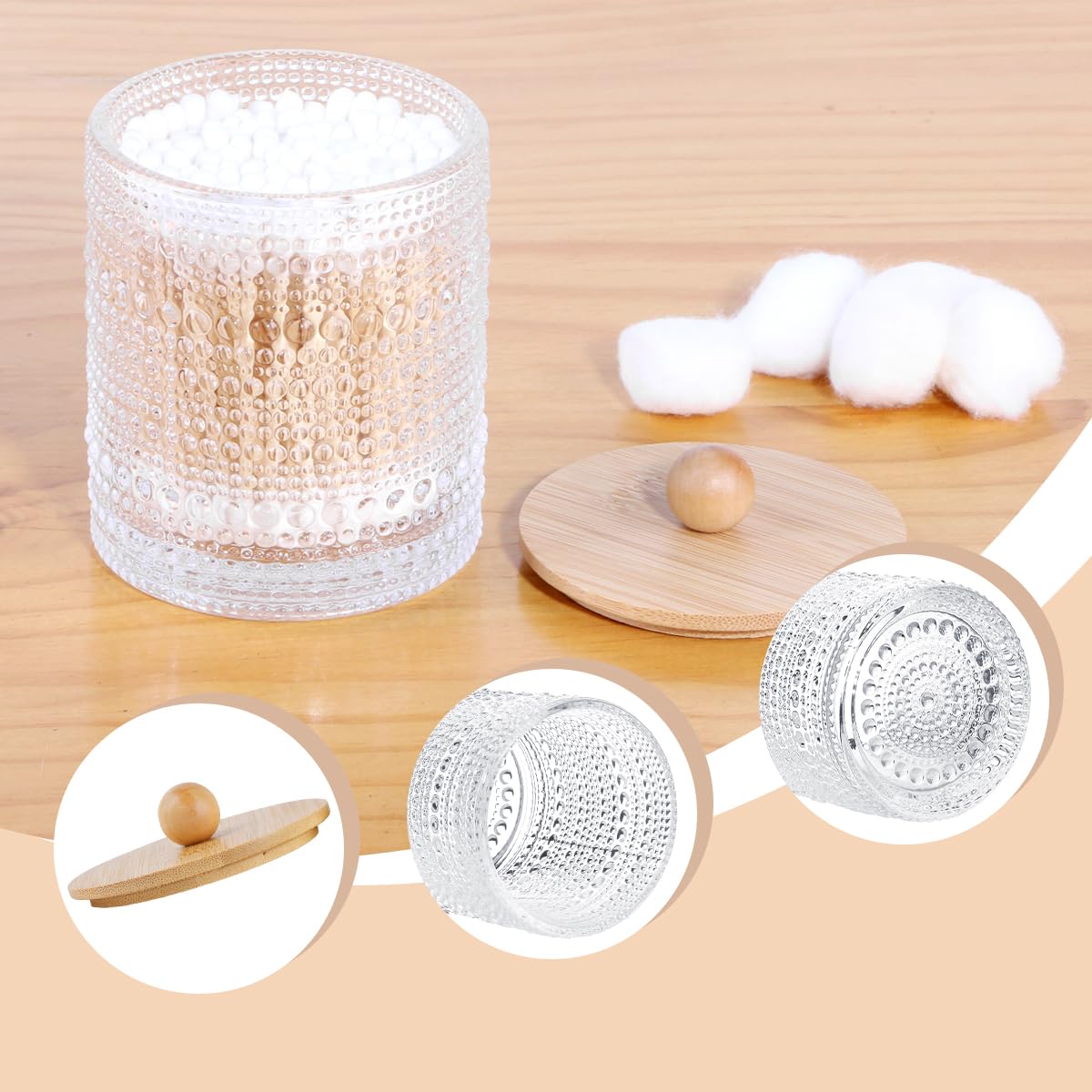 Tonxus Bathroom Qtip Holder Set,Glass Apothecary Jars with Lids,Bamboo Cotton Ball Holder,Clear Cotton Swab Holder,Bathroom Vanity Storage Organizer Jars for Round,Bath Salts,Candy,Jewelry (Nail)