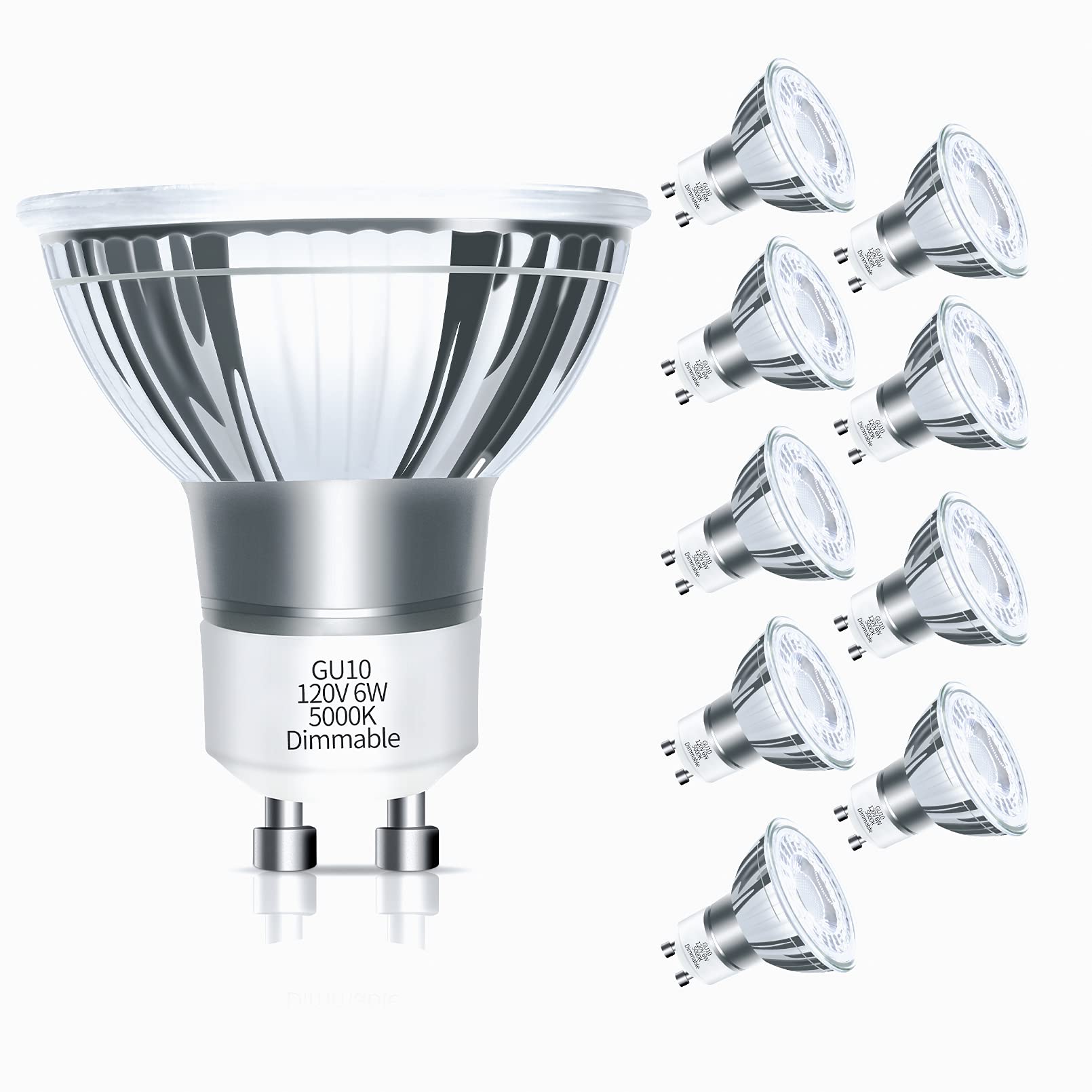 HFCDL GU10 LED Bulbs Dimmable 5000K Daylight White, 50W Halogen Lamps Equivalent, 6W 500 Lumens 120 Degree Beam Angle, MR16 Glass Cover for Recessed Track Lighting, Spot Light, 10-Pack