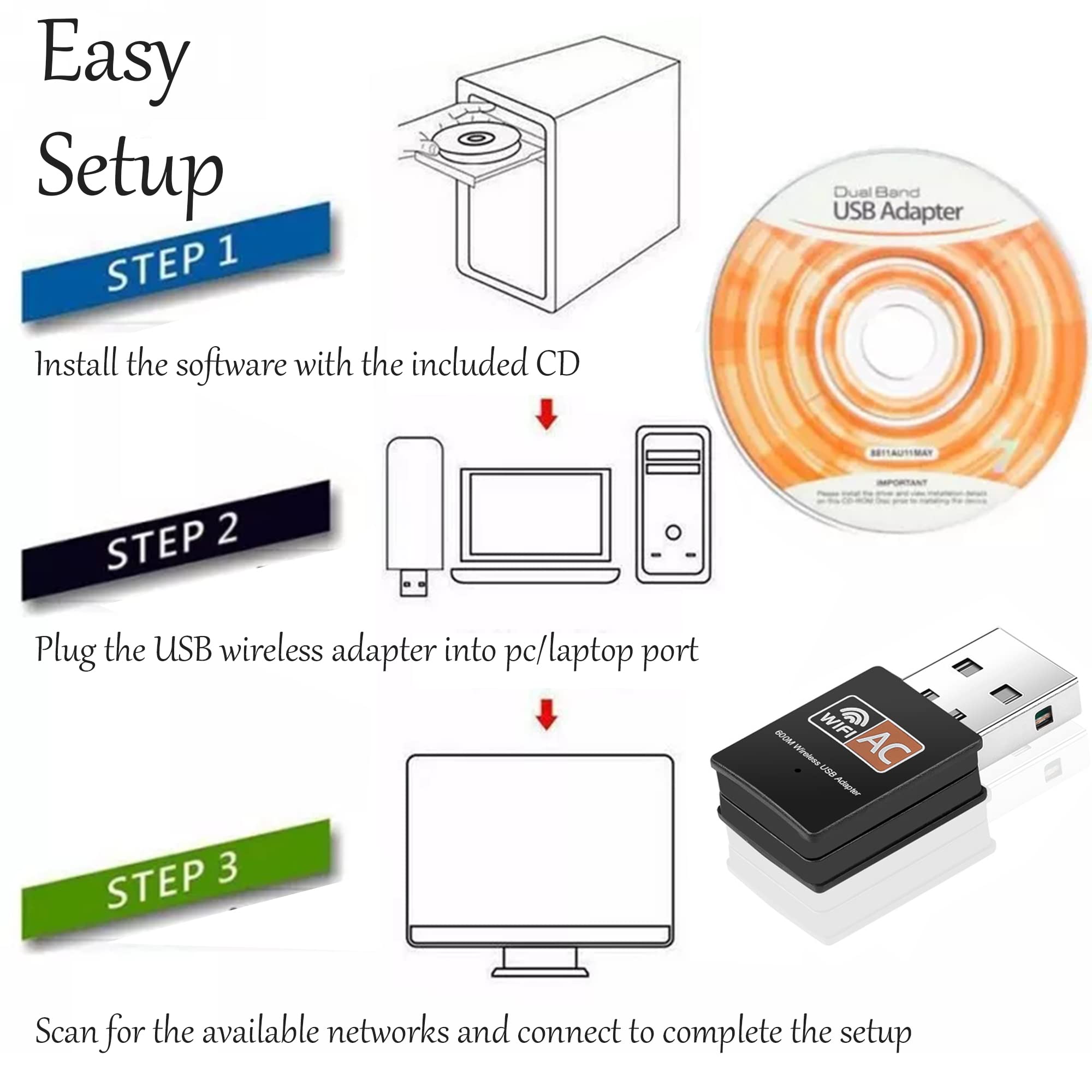 NMM USB WiFi Adapter, 600Mbps 5GHz / 2.4GHz 802.11 ac Wireless Dongle for PC Desktop Laptop, Auto Installation, Compatible with Windows 10/11/8.1/8/7/XP/Vista/Mac OS X 10.6~10.15.3