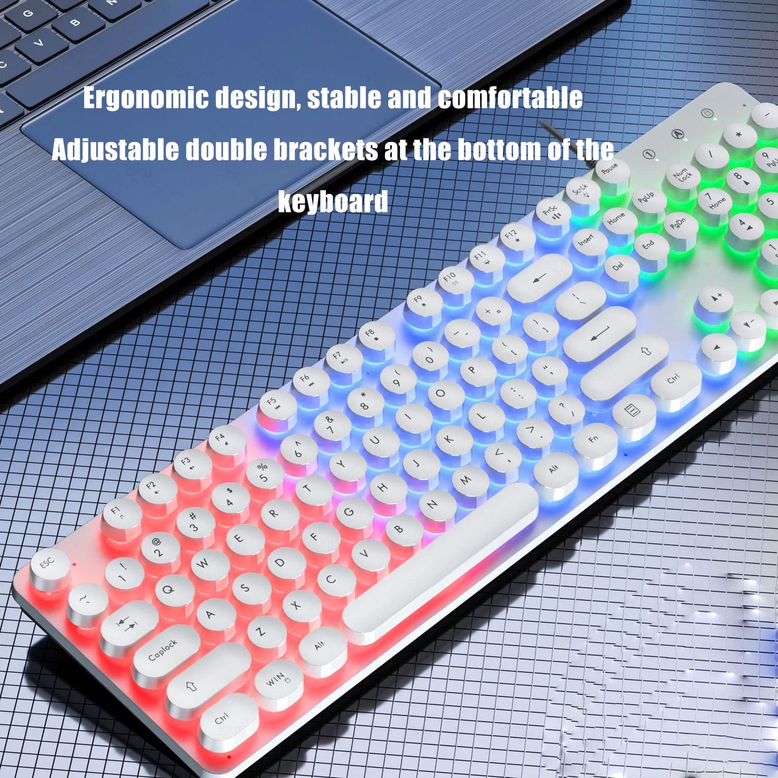 RBG Computer Keyboard, 104 Keys Wired Circular Keycap Ergonomic Mechanical Gaming Keyboard for Esports (White)