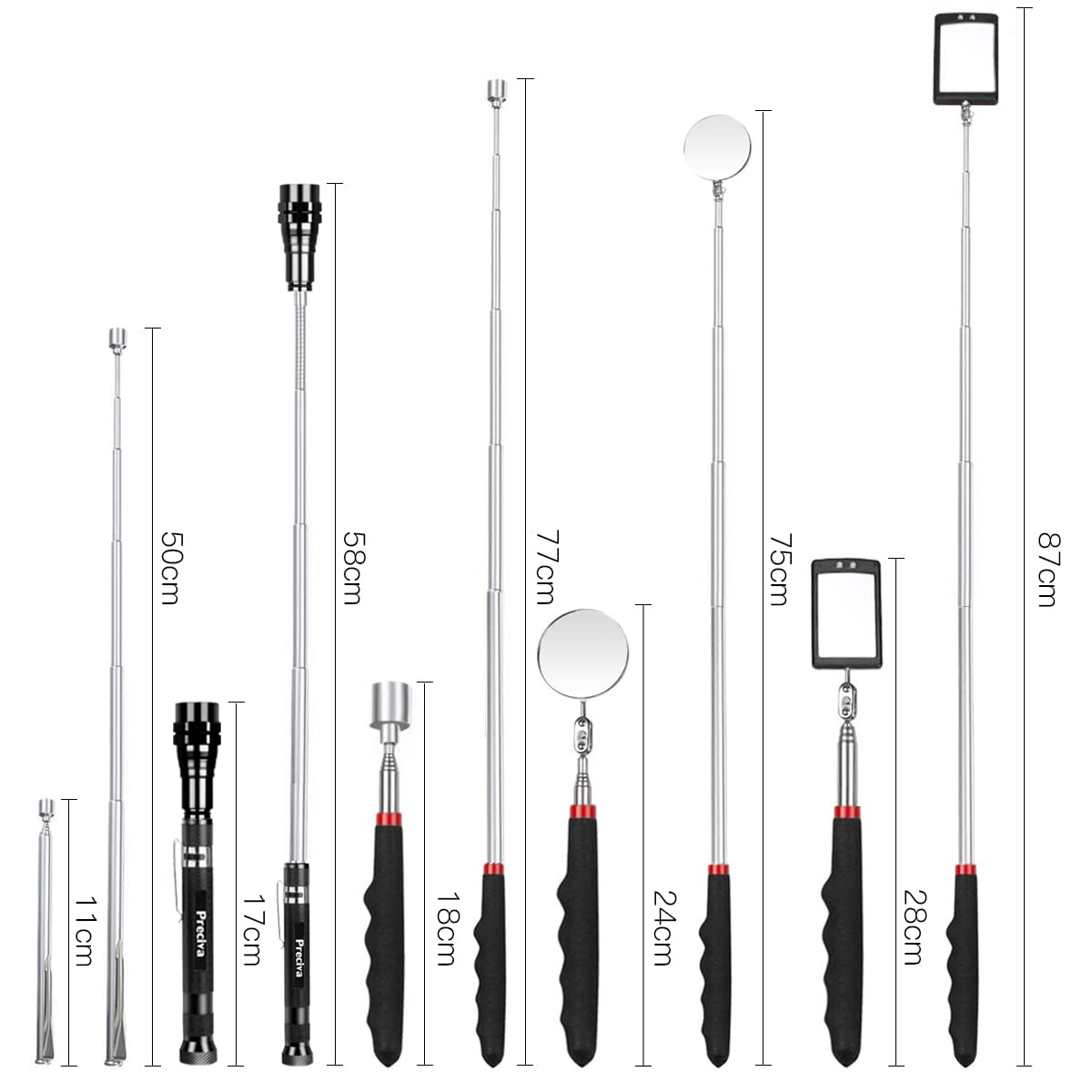 Preciva 5PCS Magnetic Telescoping Pick-up Tool Kit with 15lb &1lb Pick Up Rod, Round & Square 360 Swivel Adjustable Inspection Mirror and Telescoping Flexible LED Flashlight (Batteries Included)