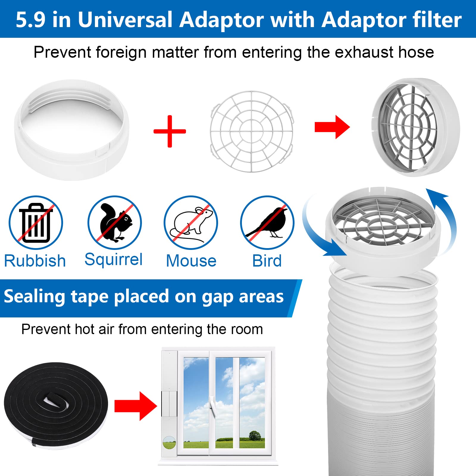 Portable Air Conditioner Window Kit with Hose Adjustable Window Seal kit Plate for AC Unit, Portable AC Window Vent Kit PVC Seal for Sliding Window Door, AC Window Kit with 5.9" Anti-Clockwise Hose