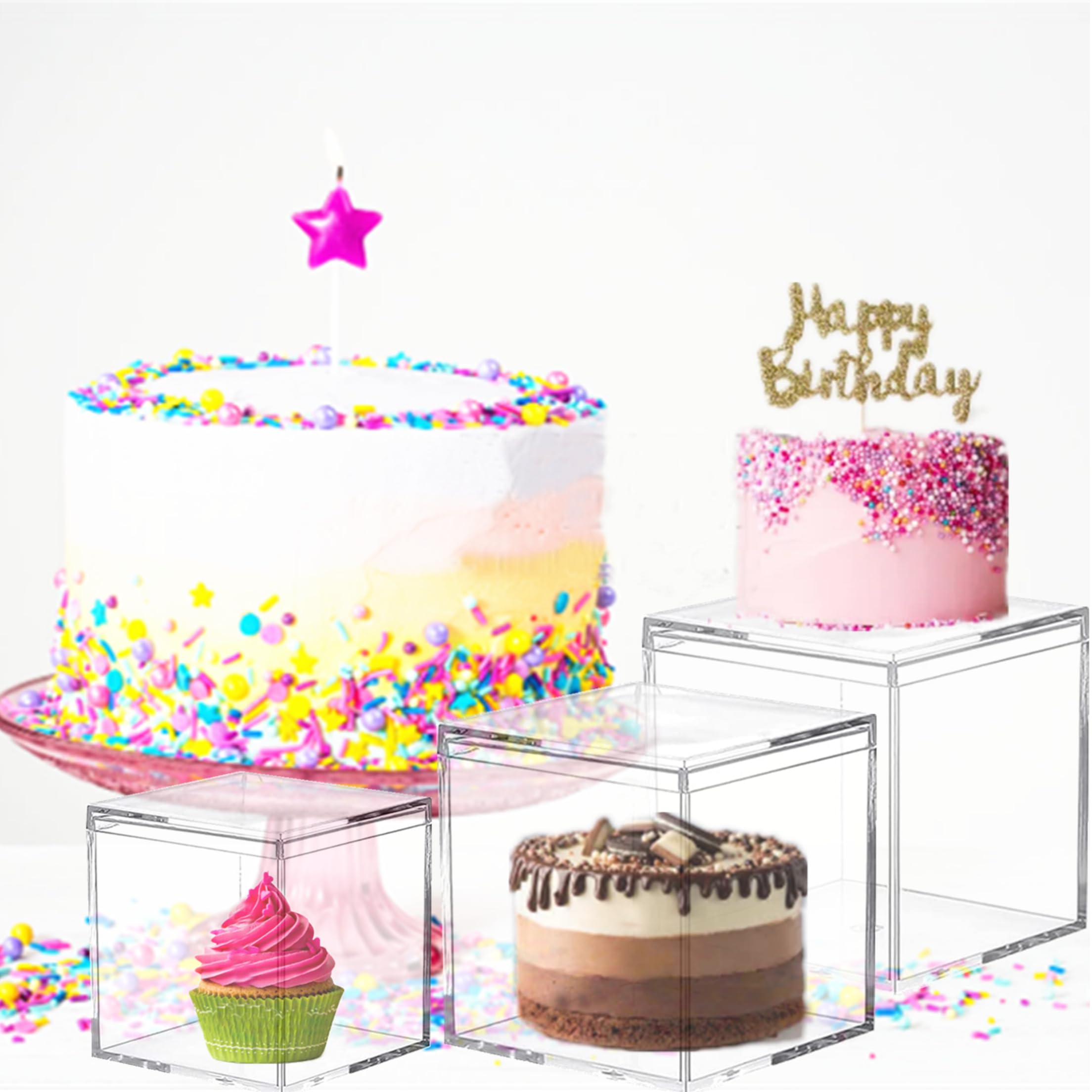 Set of 5 Crystal Clear Acrylic Cube Display Boxes Acrylic Stand Risers Transparent Square Cube Containers, Decorative Acrylic Storage Boxes with Lids for Collectibles,Wedding, Party, Treats, Jewelry