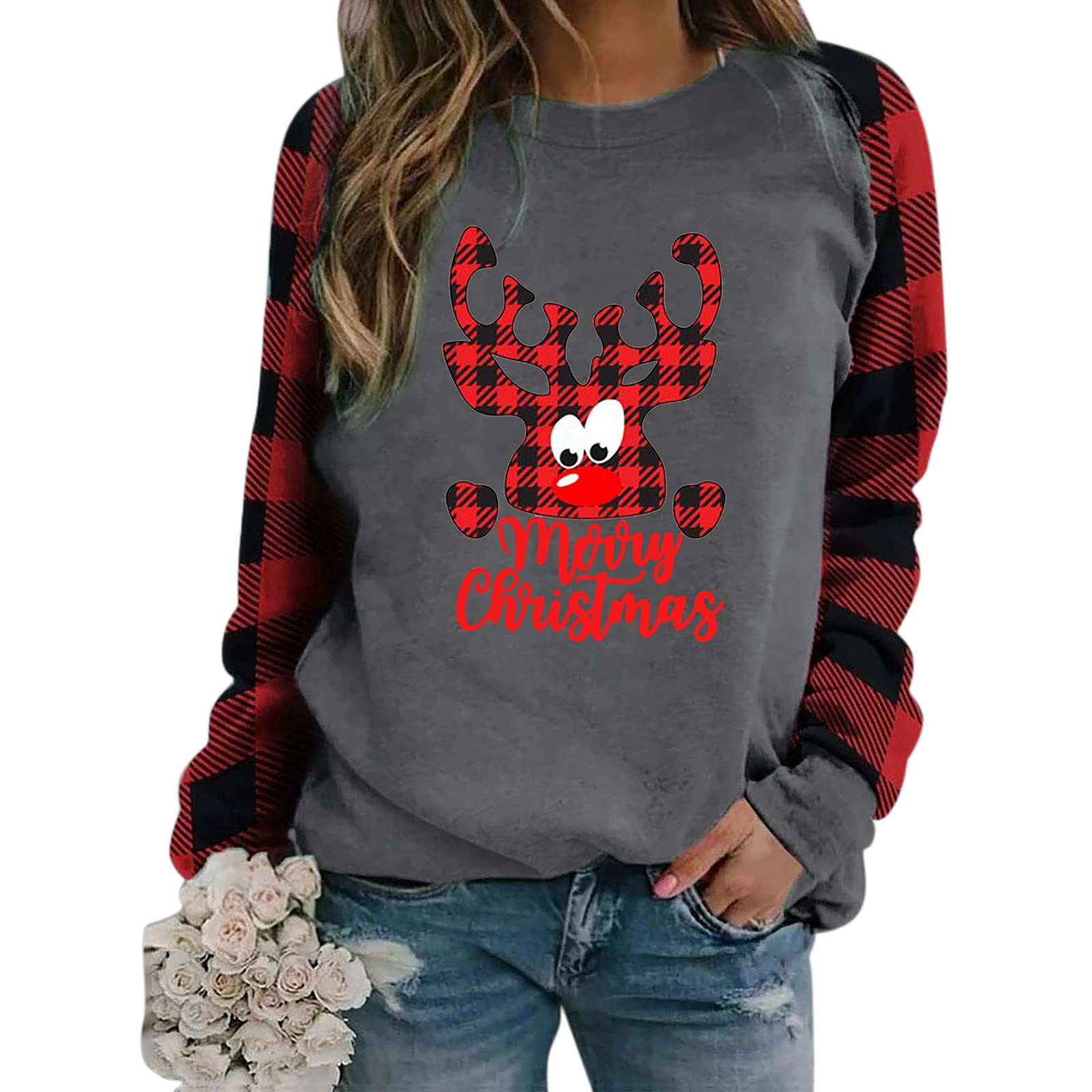 Pullovers For Women Casual Christmas Print Pullover Oversized Long Sleeve Tees Fashion Casual Hoodie Tops Baseball T-Shirt Red
