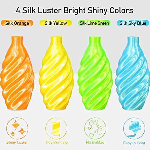 OEM MIKA3D 1.75mm Silk Shiny PLA 4 in 1 Bright Colors 3D Printer Filament Bundle Pack: Silk Yellow/Lime Green/Orange/Sky Blue, Each Spool 250g, 4 Spools Packed, Total 1Kg 3D Printing Material