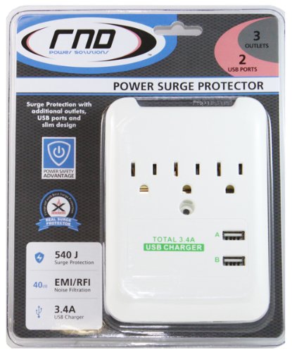 RND Wall Power Station includes 3 AC Plugs and 2 USB ports (3.4A total) with Surge for iPhone, iPad, Samsung Galaxy, LG, HTC, Moto and all USB Compatible Devices