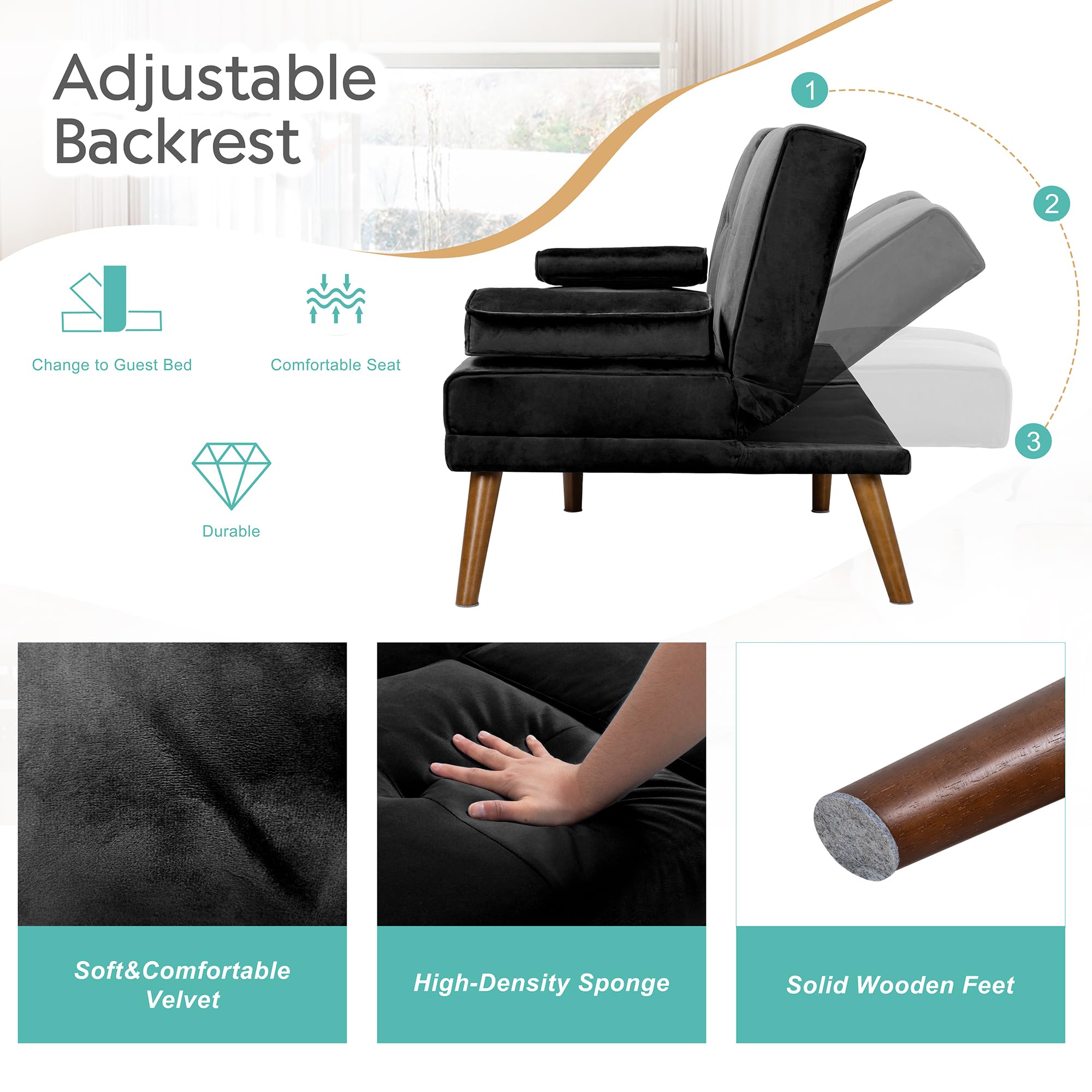 SUNLEI 60" Small Loveseat, 3 in 1 Cute Convertible Sofa Bed, Modern Futon Recliner Sleeper w/2 Cup Holder, Upholstered Folding Couch for Small Space, Beige