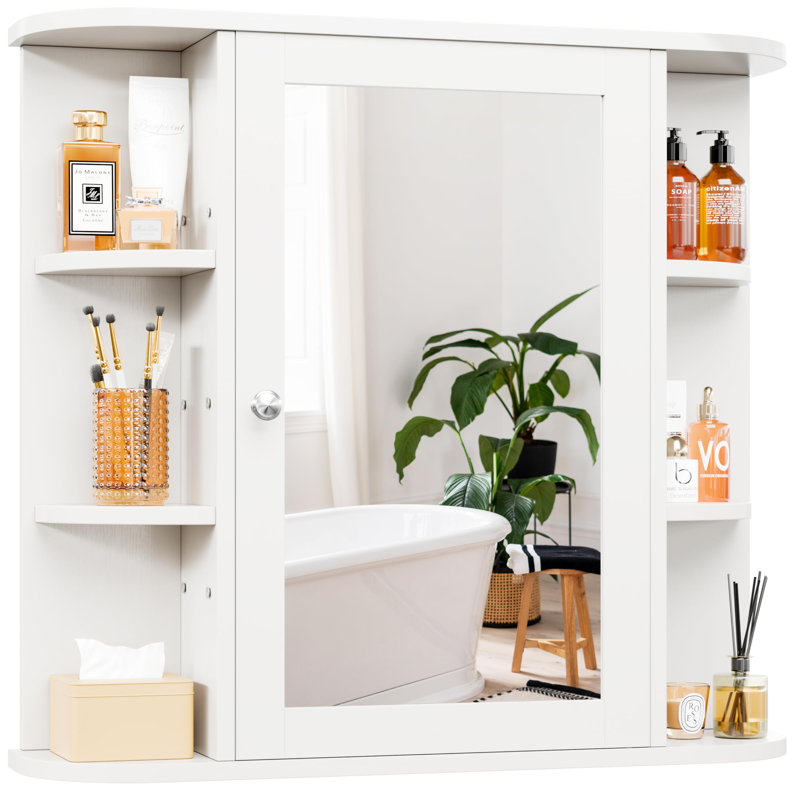 SUNLEI Bathroom Cabinet Wall Mounted with Mirror Door, Over The Toilet Storage Cabinet with Doors and Shelves, Bathroom Medicine Cabinets with 6 Open Shelves for Bathroom Organizer or Laundry(White)