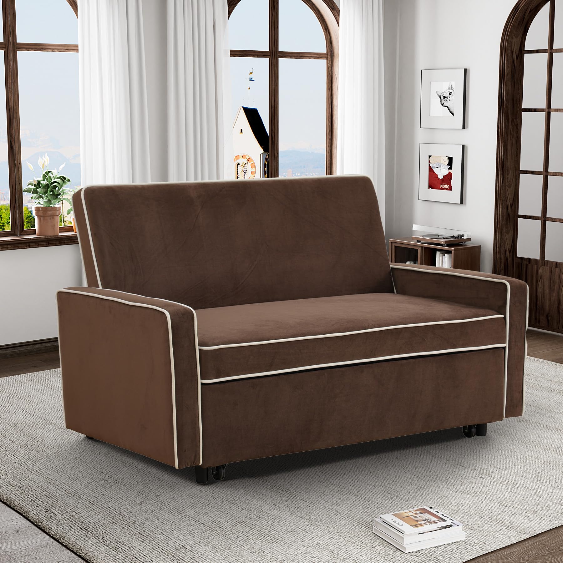 Wrofly 3 in 1 Convertible Sleeper Sofa Couch with Pullout Bed, Modern Flannel Pull Out Love seat Sofa, 2 Seater Futon Loveseat Couch Bed for RV, Living Room, Bedroom and Small Space (Brown)