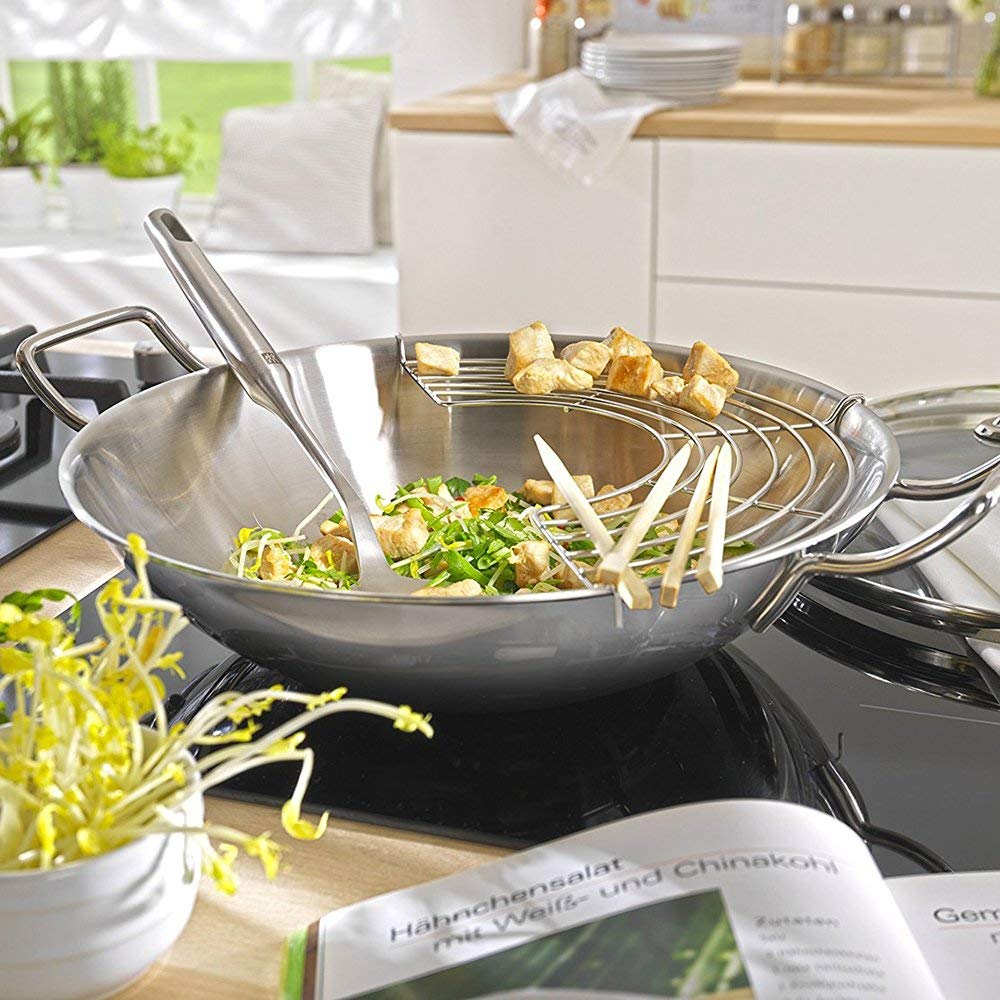 ZWILLING Wok, Glass Lid and Removable Grid Insert, Incl. Long Handle, Suitable for Induction, Stainless Steel, Plus,Silver, Ø 32 cm