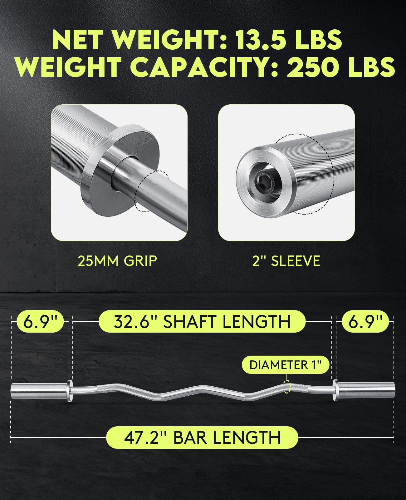 HIRALIY 47" Olympic EZ Curl Barbell Bar for 2-inch Weight Plates Curling Lifting Bicep Curl, 2 Spring Collars Included (Chrome)