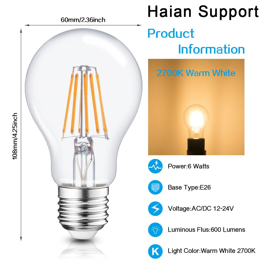 Haian 12V LED Bulb 7W 700Lm E26/E27 Standard Base 60W Equivalent 12 Volt Low Voltage Lights AC/DC 12-24V A19 Lamp,Warm White 3000K,Off Grid Solar Battery System Lighting,RV,Marine LED Lights,6 Pack