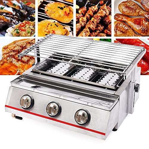 Tabletop Grill, 3-Burner Side Gas Grill, Portable Barbecue Grill, Stainless Steel BBQ Grill Cooker with Grill Net for Camping Parties Barbeque Picnics Outdoor Use