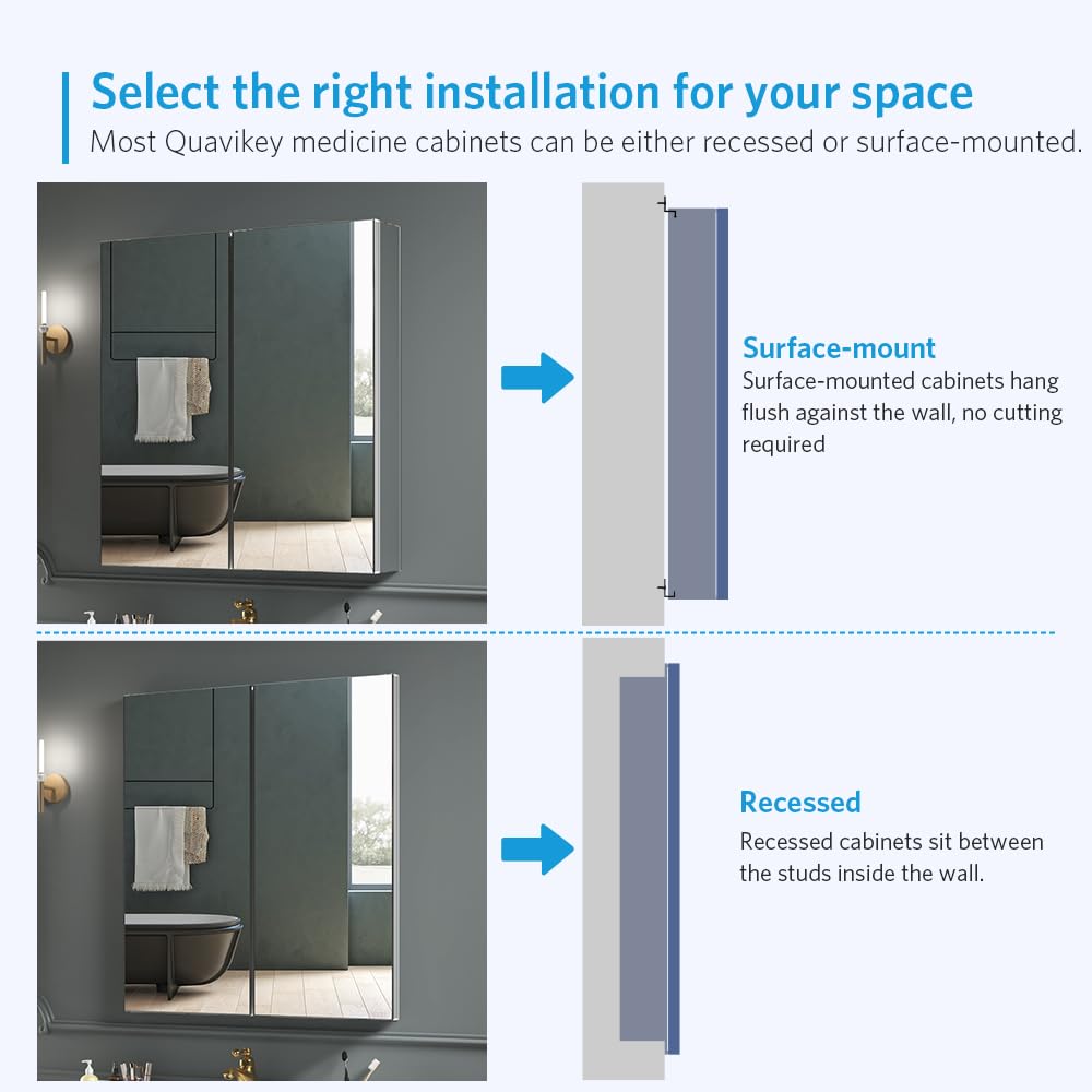Quavikey Aluminum Medicine Cabinet with 2 Doors Recessed or Surface Mount Bathroom Mirror Cabinets 24x26 Inch, Silver