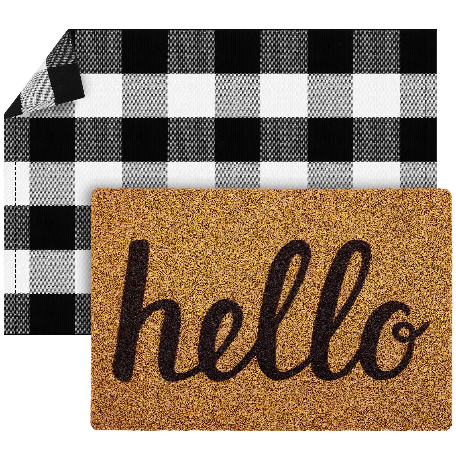 Nuanchu 2 Pieces Welcome Doormat Home Imitation Coir Hello Doormat with Rubber Non Slip Backing Checkered Buffalo Plaid Rug for Layering Decorative Front Door Entrance Mat