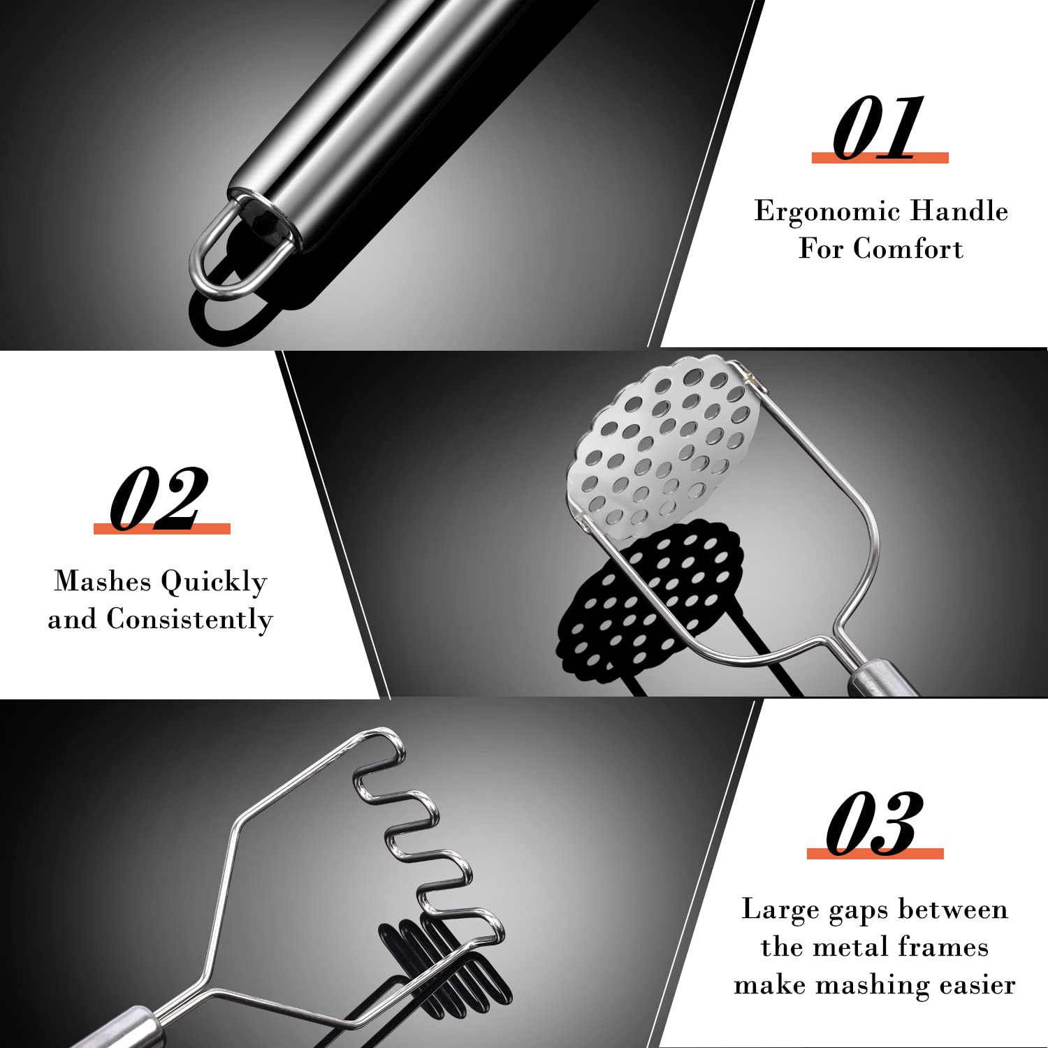 Potato Masher, Sopito 2 Pack Stainless Steel Integrated Masher Kitchen Tool Food Masher for Potatoes, Vegetables, Berries, Fruits, Baby Food, Avocado