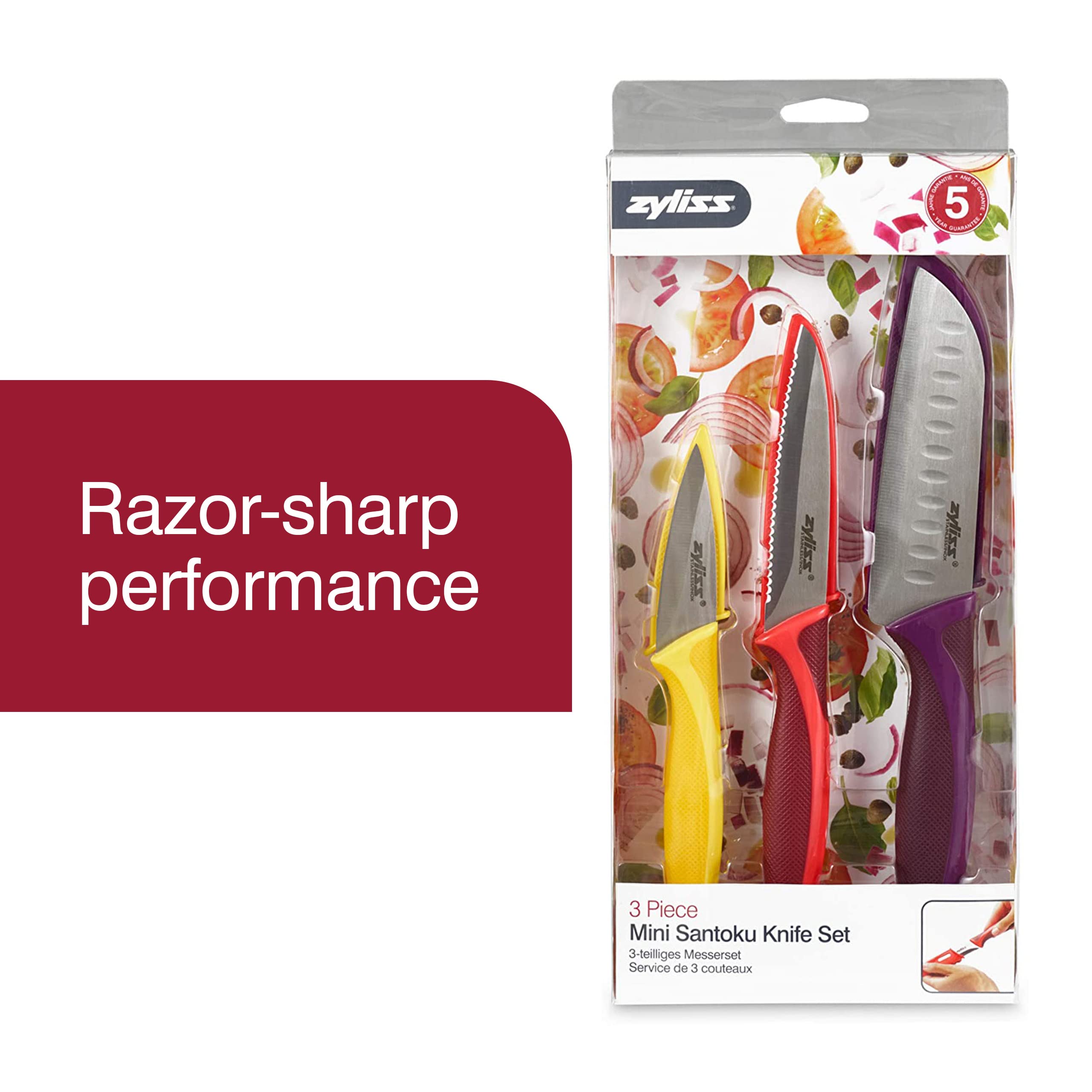Zyliss 3 Piece Mini Santoku Knife Set with Sheath Covers, Stainless Steel/Pur...