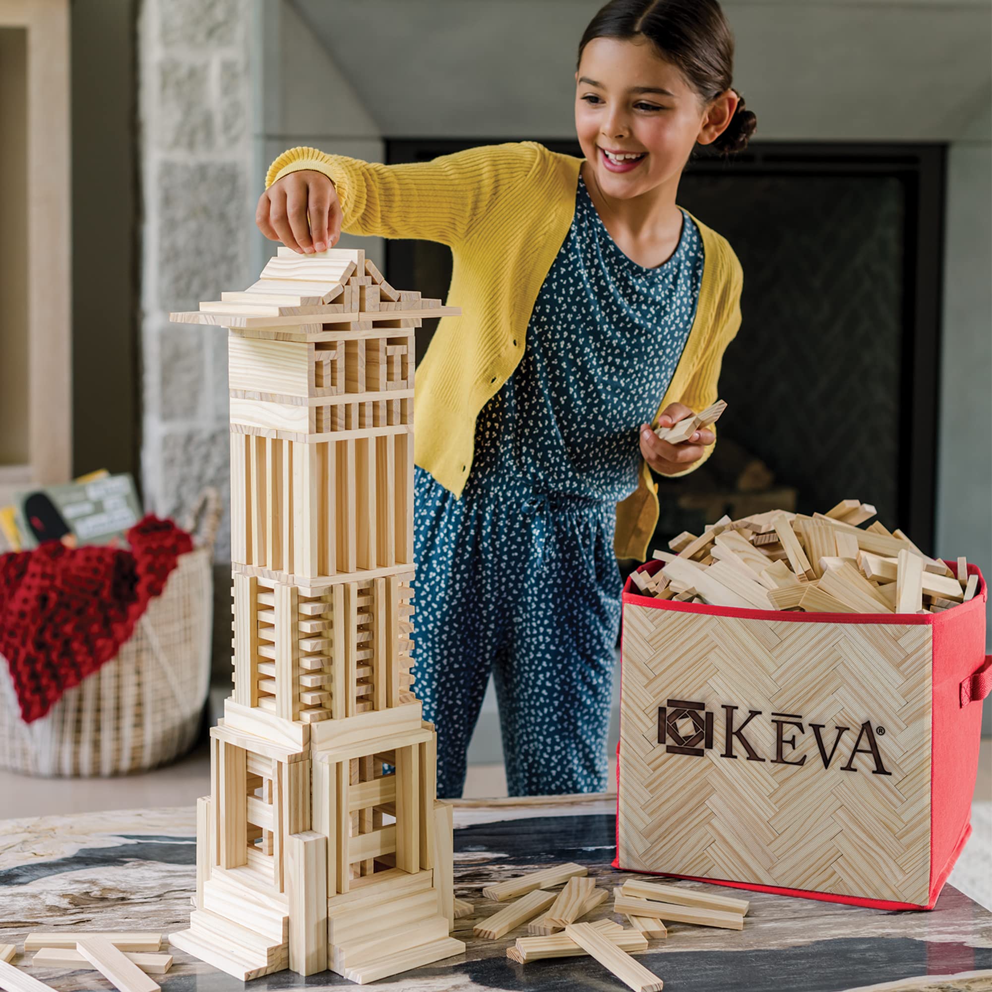 MindWare KEVA Structures 600 Plank Wooden Building Blocks Set, Includes 600 Pine KEVA Planks, 30 Idea Cards and Collapsible Storage Bin