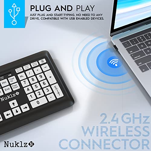 Nuklz N Magnus 325 | Wireless Large Print Full Size Computer Keyboard | High Contrast Black & White Keys | Soft Buttons | Ideal for Visually Impaired, Beginners and Seniors | Plug & Play