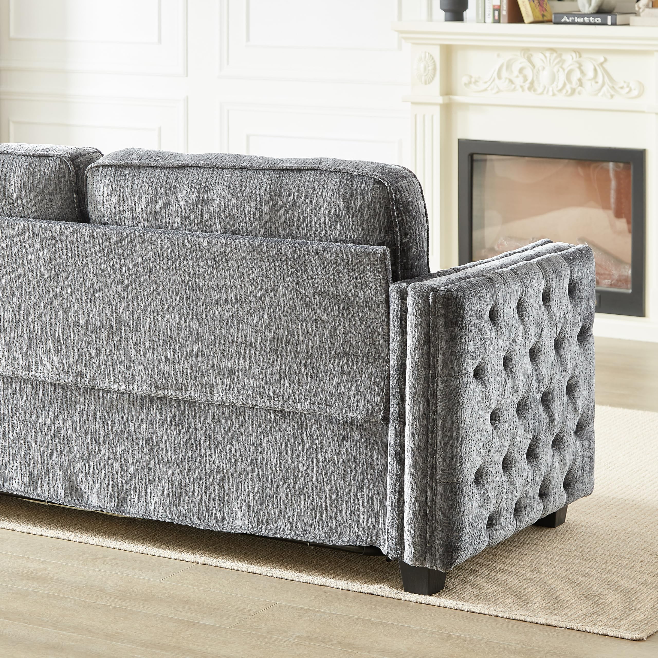 SmartEdge Pull Out Sofa Bed, 2-in-1 Convertible Full Sleeper Sofa Couch with Memory Foam Mattress, Chenille Upholstered Loveseat 3 Seater Full Sofabed Couches for Living Room, Apartment, Grey