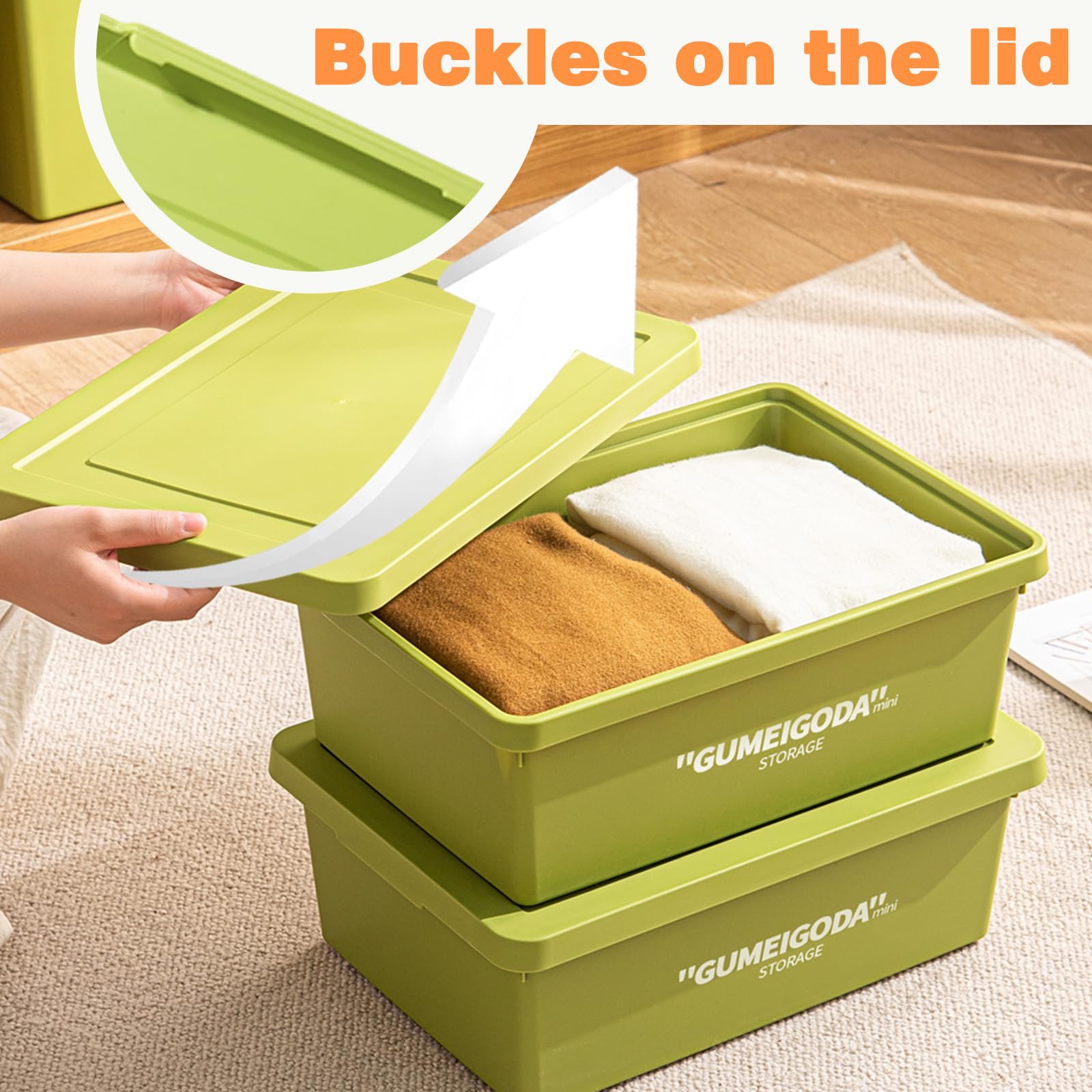 Storage Bins With Lids Set of 4, Green Stackable Boxes,Lid Buckles Bins,Garage container,Shelves, Office,Bedroom,Outdoors Plastic Storage Box for Organizing clothes,books,snacks,sundries(Green,4M)