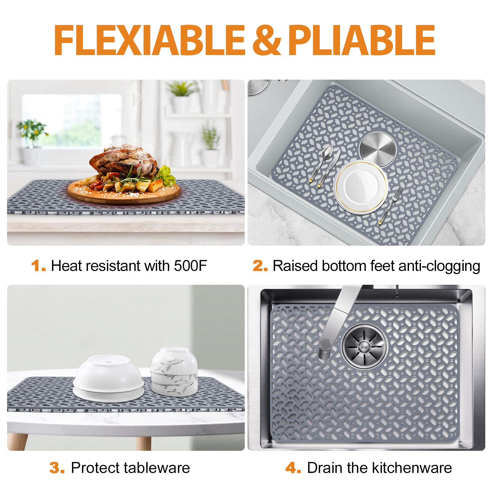 JUSTOGO Silicone Sink Protector, Rear Drain Kitchen sink mat Grid Accessory, 1 PCS Grey Non-slip Heat Resistant sink mats for Bottom of Farmhouse Stainless Steel Porcelain Sink (19.25 ''x 14 '')
