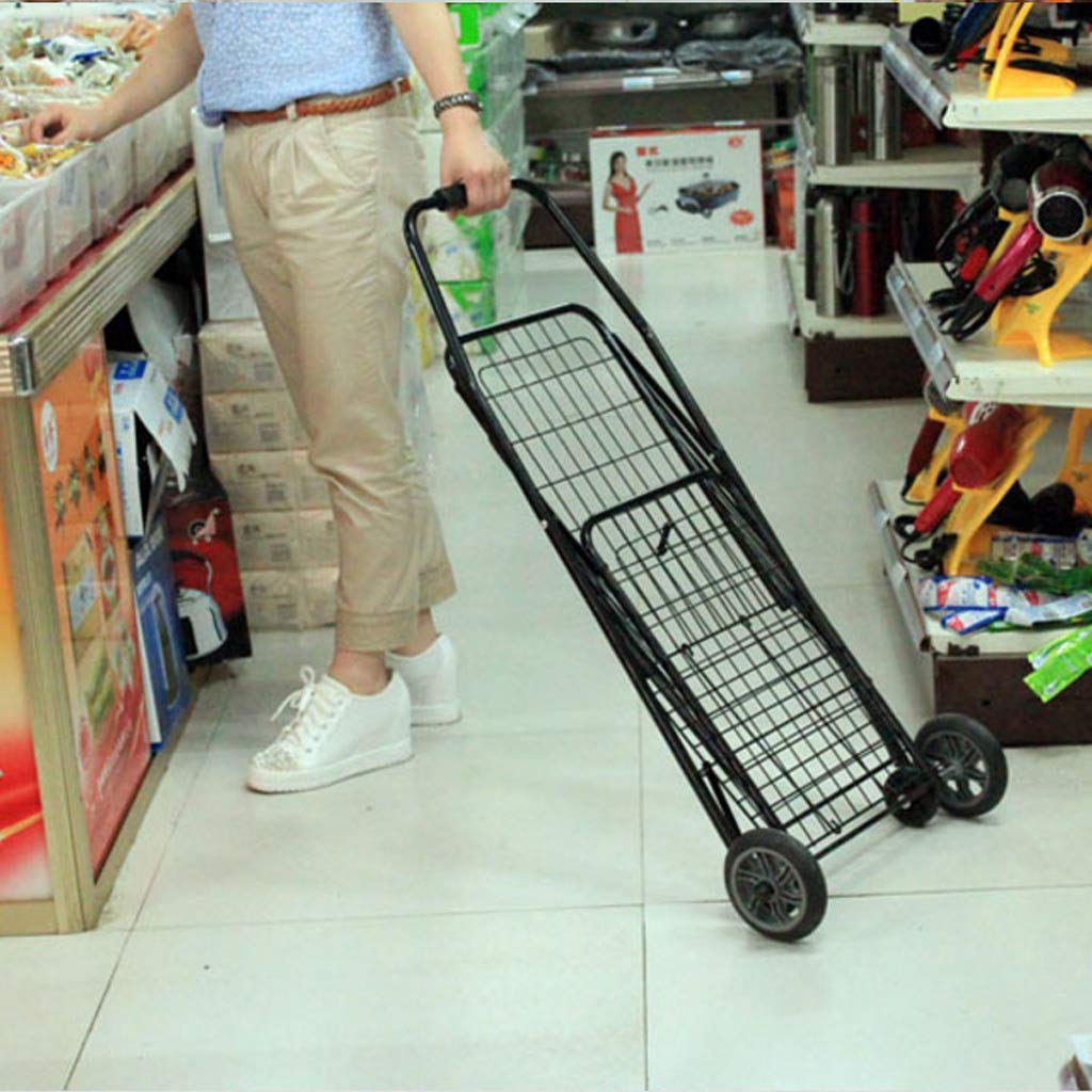 Shopping Trolley on Wheels Multi Function Shopping Cart Portable Folding Wrought Iron Trolley Luggage Trailer Special Spray Treatment Intimate Basket Buckle Storage Hand Trucks,Black,88Cm