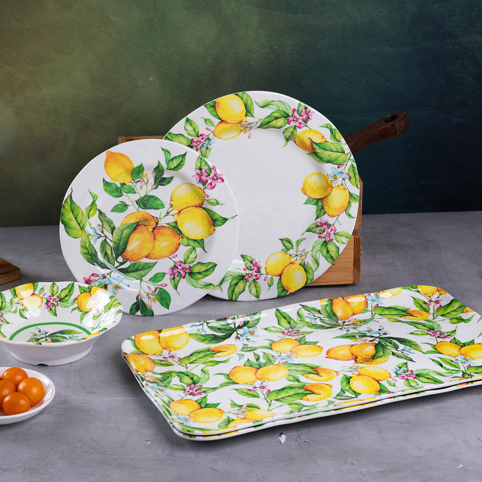 LEHAHA Lemon Melamine Dinnerware Dish Set – 12 Piece Indoor and Outdoor Plates and Bowls Set for Everyday Use, Dishwasher Safe, Unbreakable Kitchen Dinner Set, Service for 4…