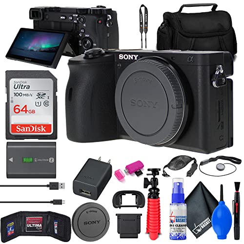 Sony a6600 Mirrorless Camera (ILCE6600/B) + 64GB Card + Card Reader + Case + Flex Tripod + Hand Strap + Memory Wallet + Cap Keeper + Cleaning Kit (Renewed)