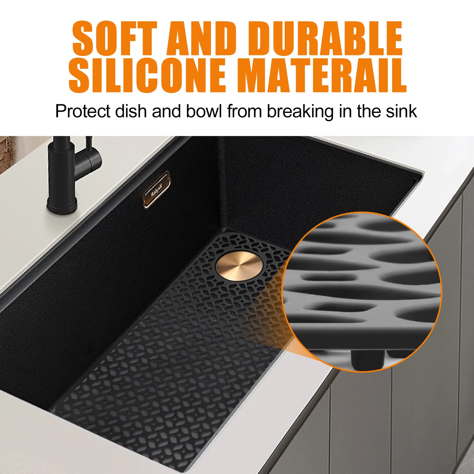 JUSTOGO Silicone Sink Mat, Black Sink Protectors for Kitchen Sink Grid Accessory, 1 PCS Non-slip Sink Mats for Bottom of Kitchen Farmhouse Stainless Steel Porcelain Sink Right & Left (28.2''x 14.2'')