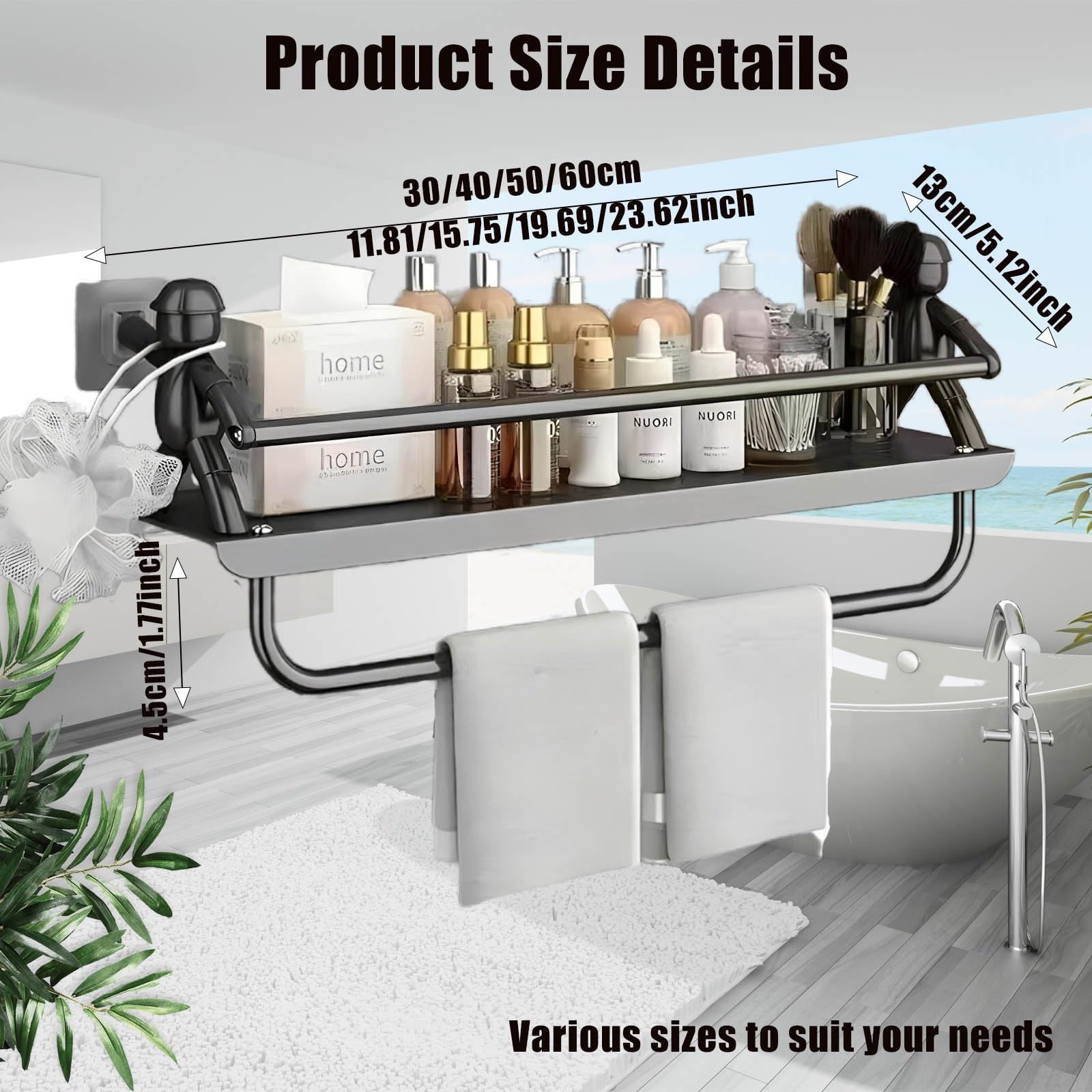 Towel Rack, Towel Bar for Bathroom,Towel Rings,Wall Mount Heavy Duty Storage Thicken Stainless Steel Modern Home Decor Towel Rod for Kitchen Bedroom(Black,Rodded 60cm/23.62in)