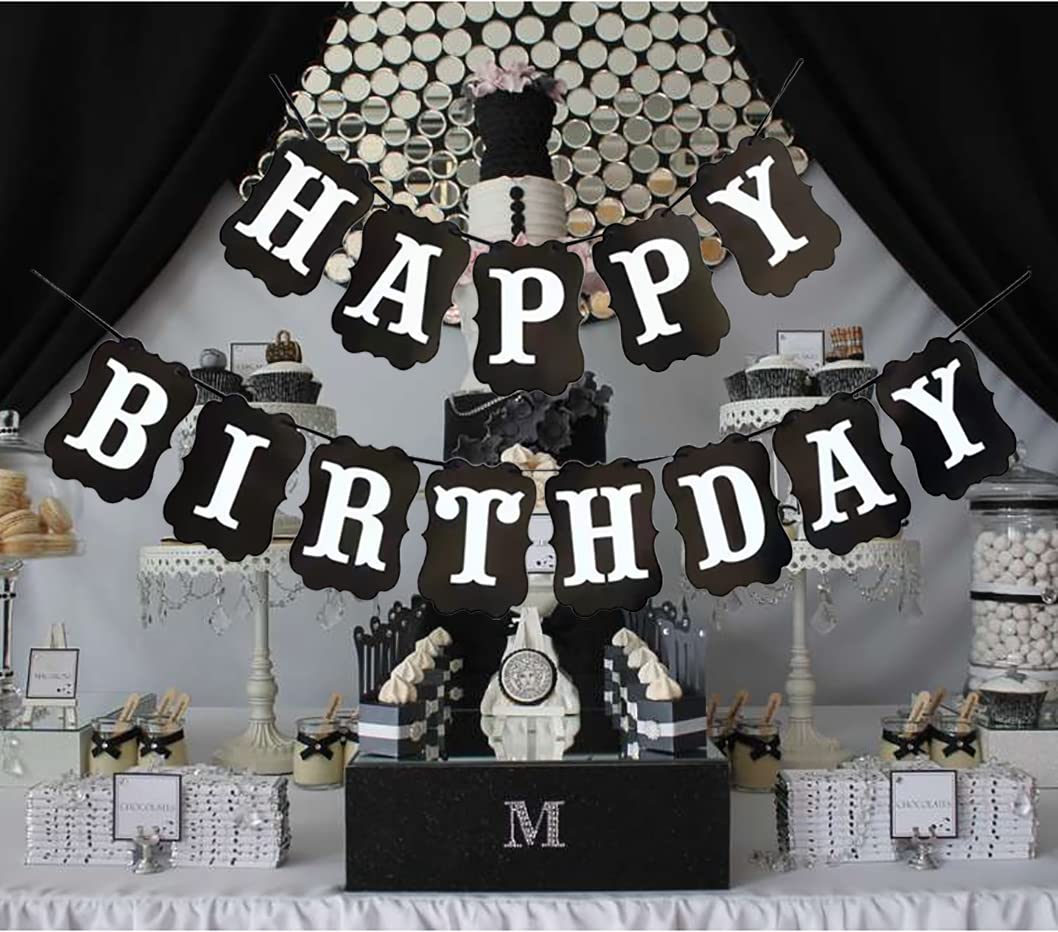 Large Black Happy Birthday Banner, Happy Birthday Bunting Sign with White Letters, Happy Birthday Decorations for Boys Women Men
