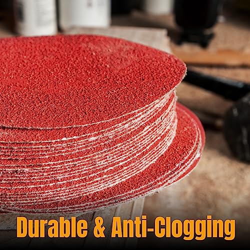 POWERTEC 110541, 30 Pack, 8" PSA A/O Sanding Disc | 60, 80, 100, 120, 180, 240, Assorted Grits, Red