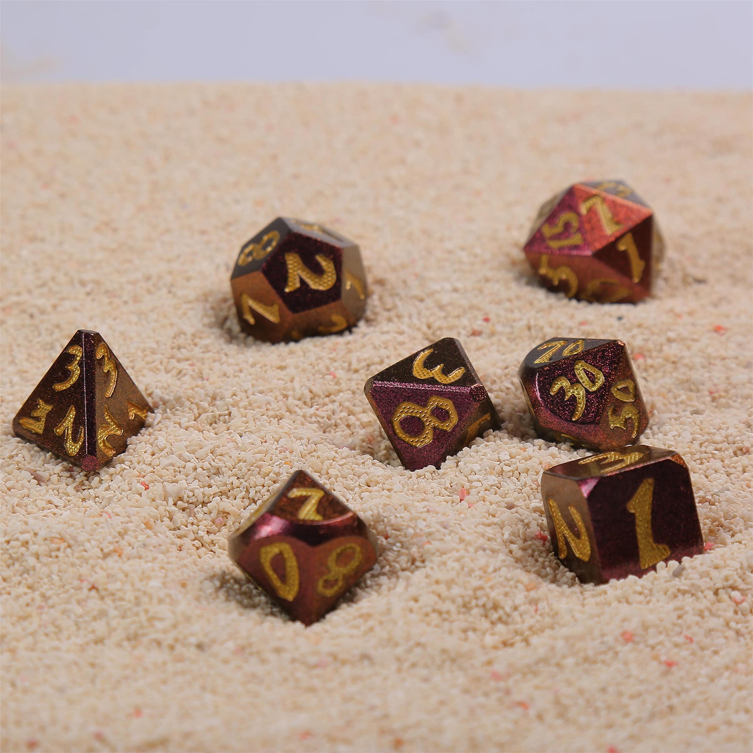Metal Dice Set with Gift Box-7 Pcs DND Dice Set Purple Surface and Golden Number for Dungeons and Dragons RPG Games