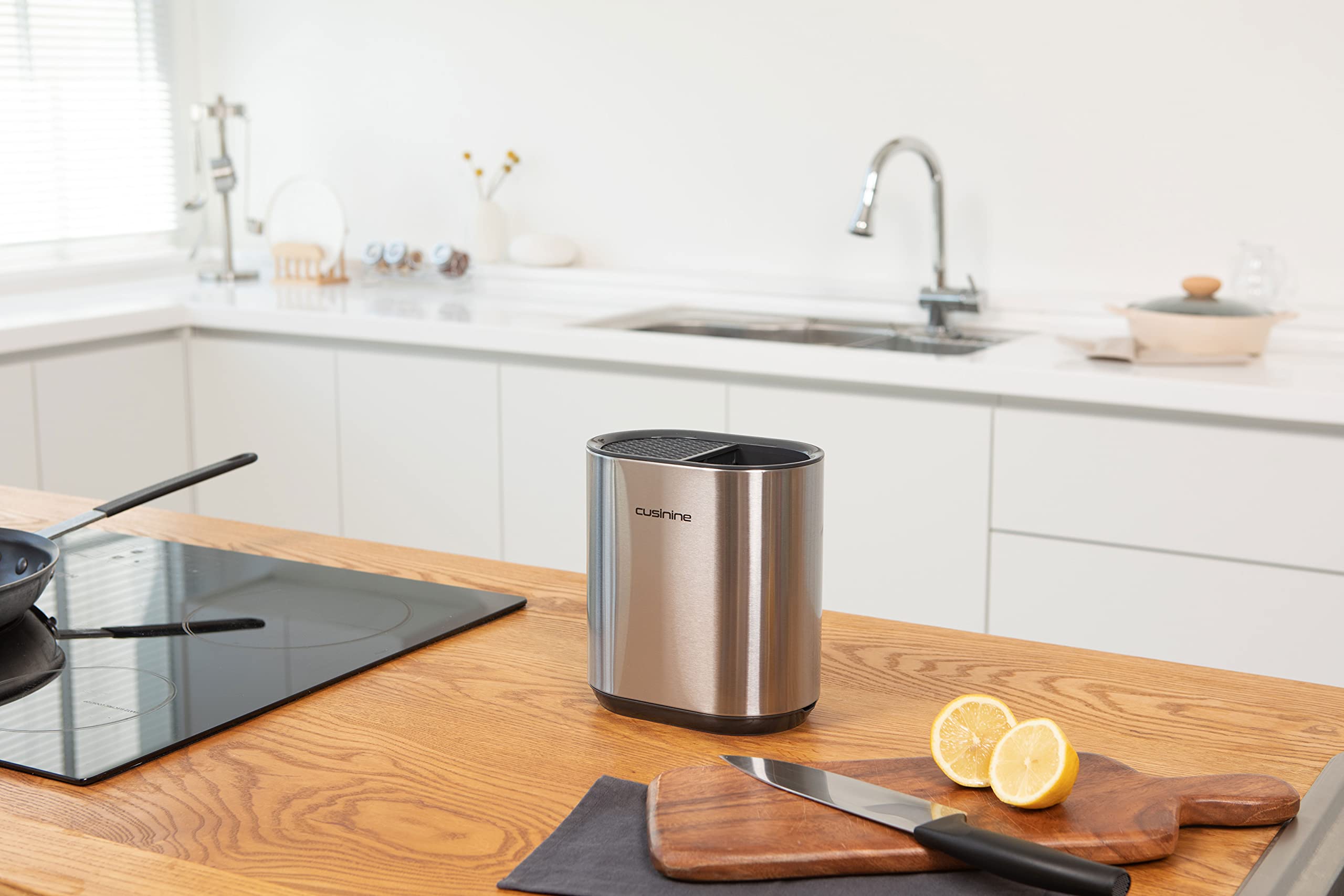 Knife Block and Utensil Holder for Kitchen Counter Storage Organization, Stainless-Steel Holder with Built-In Water Drip Tray