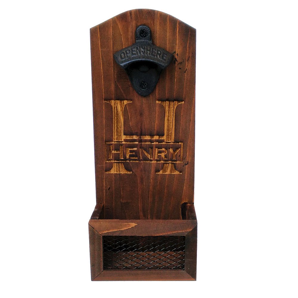 Personalized Wall Mount Rustic Walnut Wooden Bottle Opener with Cap Catcher, Wall Mounted Bottle Opener, Groomsman Gift Best Man Gift Birthday Gift Wedding Gift for Him