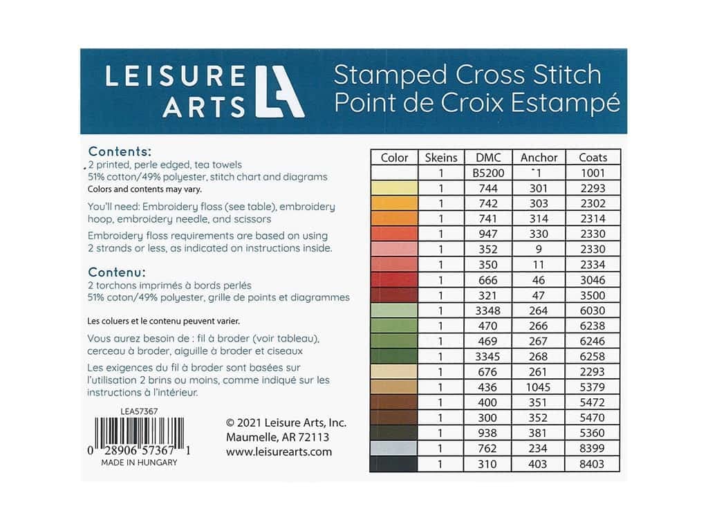 LEISURE ARTS Tea Towel 17"x28" Fruits 2pc, Towel Set, Embroidery kit, Bathroom Hand Towels, Kitchen Towel, Cross Stitch Kits, Stamped Cross Stitch Kits