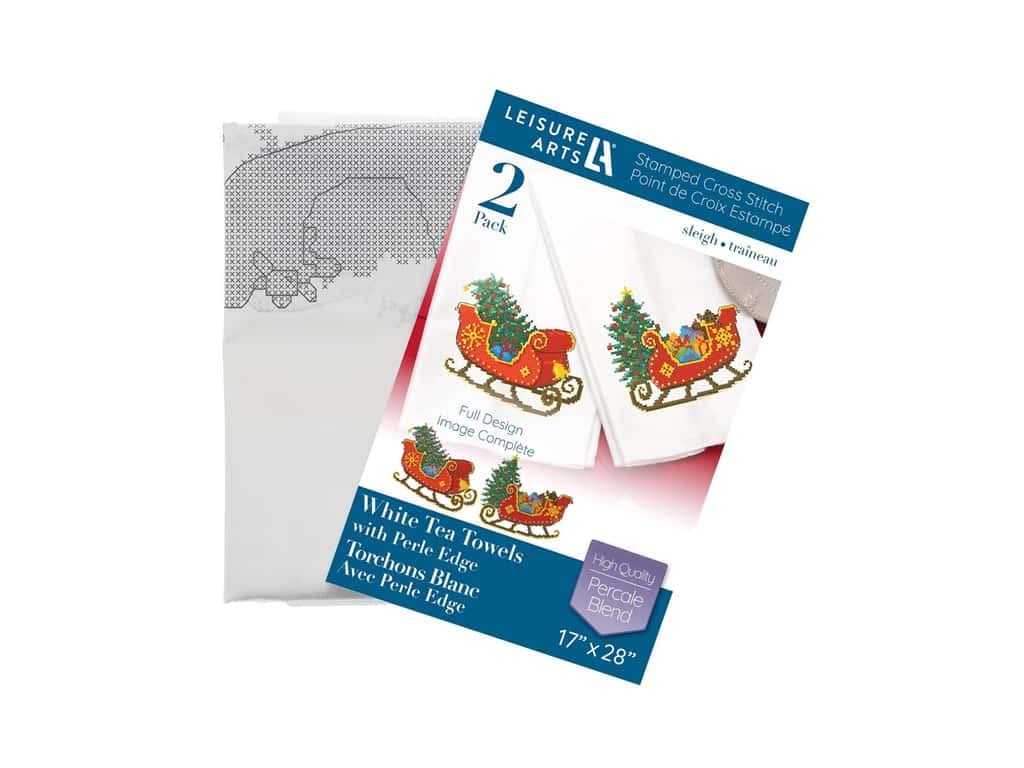 LEISURE ARTS Tea Towel 17"x28" Sleigh 2pc, Towel Set, Embroidery kit, Bathroom Hand Towels, Kitchen Towel, Cross Stitch Kits, Stamped Cross Stitch Kits