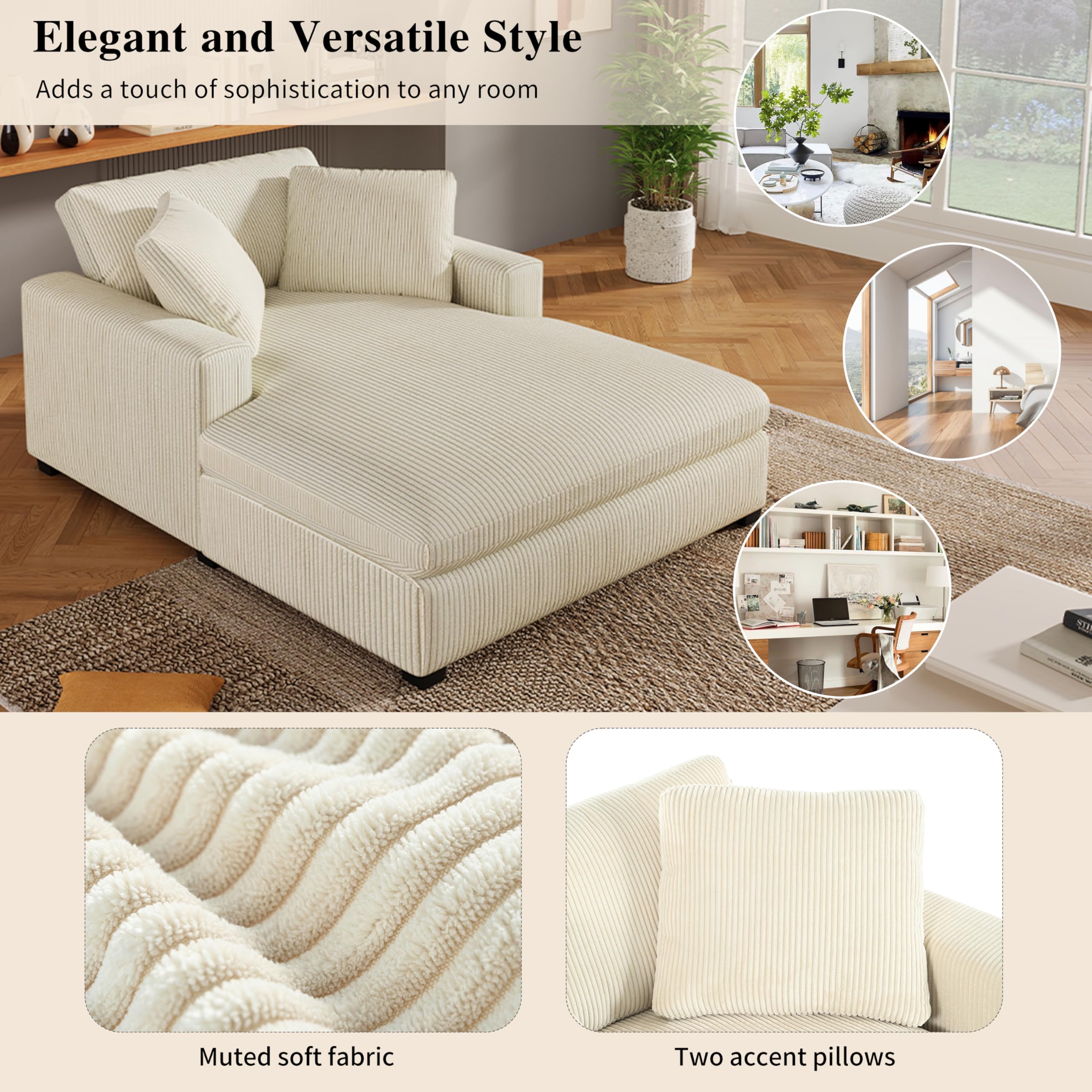RuiSiSi Oversized Chaise Lounge Chair Indoor, Upholstered Comfy Sofa with 2 Throw Pillows and Armrests, Modern Upholstered Sofa Couch Frame with Solid Wood Legs, Grey
