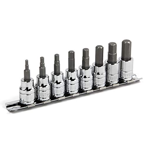 Powerbuilt Hex Bit Socket Set, 8 Piece, 3/8 Inch Drive Metric, Sizes 3-10mm, Ball End Sockets, Storage Rail - 642405