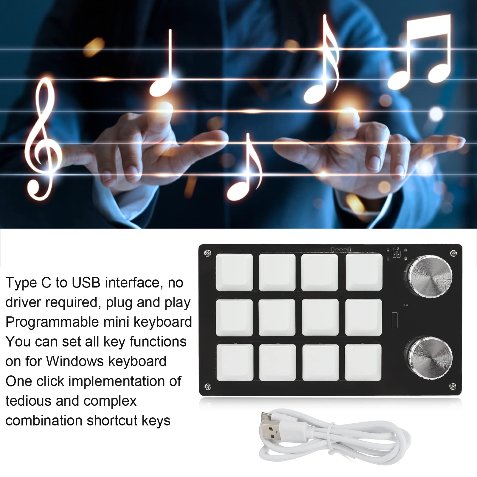 One Handed Gaming Keyboard, 12 Key Macro Programmable RGB Mechanical Keyboard Plug and Play Portable Mini Pc Keyboard with Memory Function for Windows, for Vista, for Linux, for Os X(Black White)