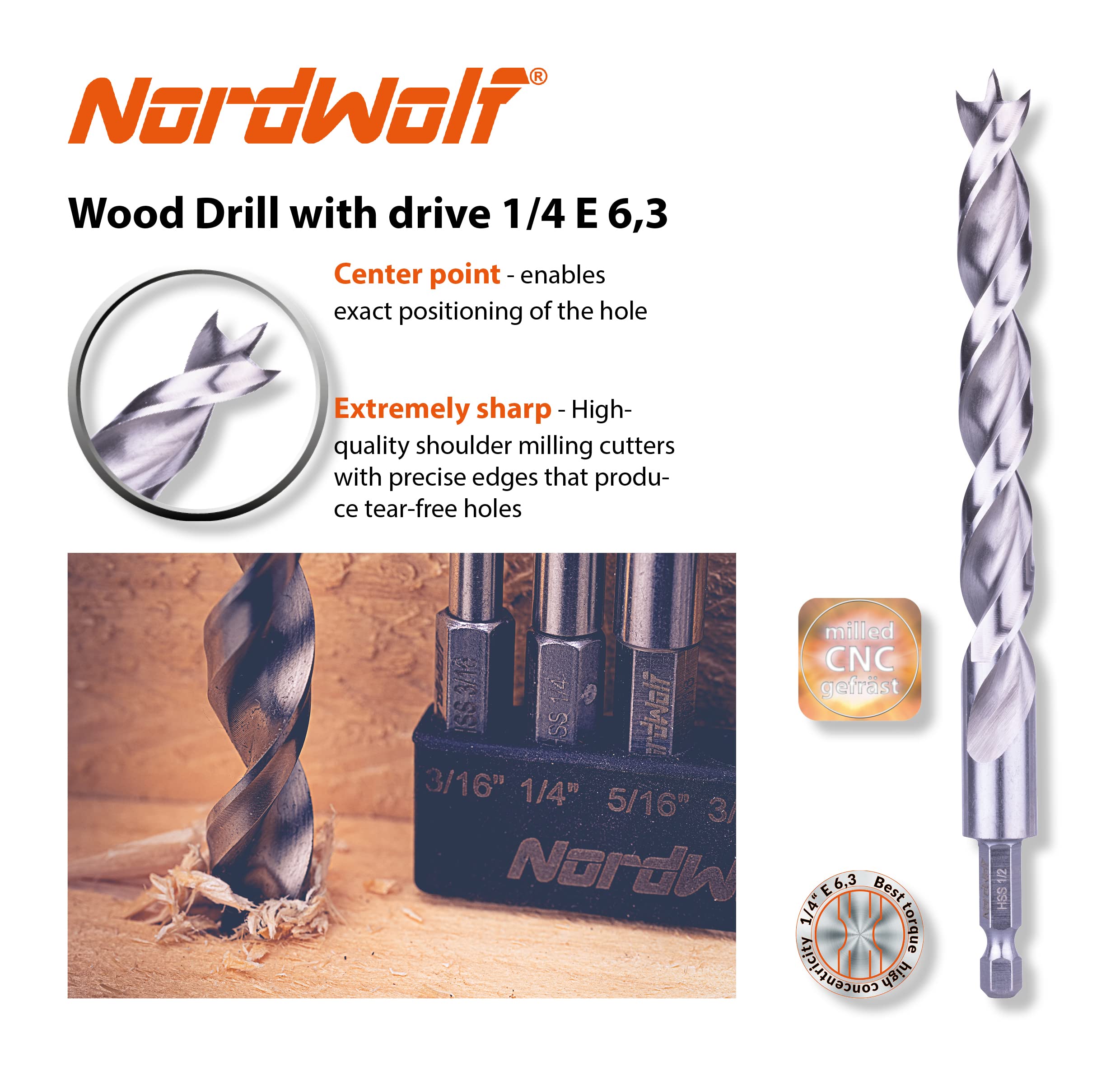 NordWolf 5-Piece HSS Brad Point Wood Drill Bit Set with 1/4" Hex Shank for Carpenter Woodworking, SAE Sizes 3/16"-1/4"-5/16"-3/8"-1/2"