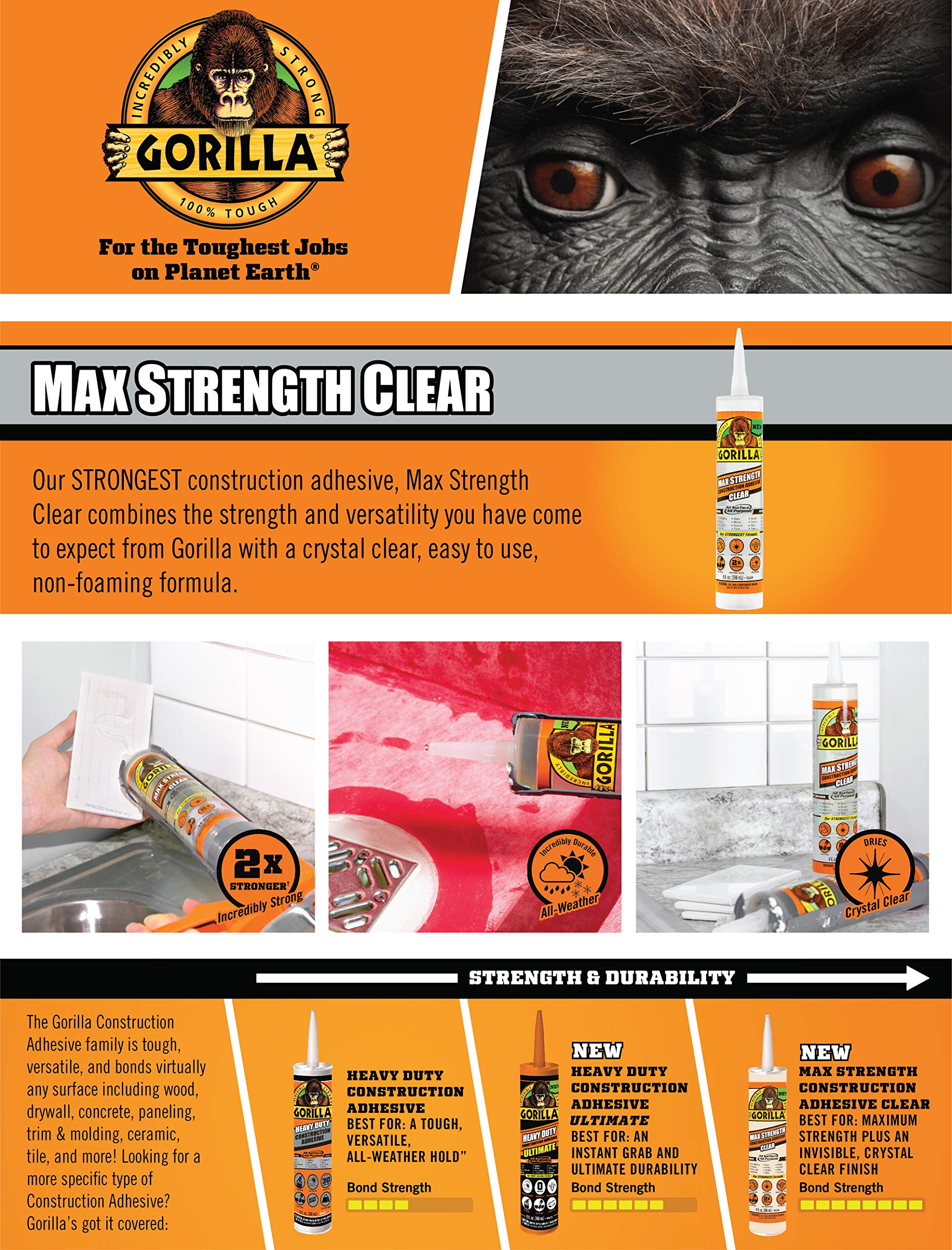Gorilla Max Strength Clear Construction Adhesive, 9 Ounce Cartridge, Clear, (Pack of 6)