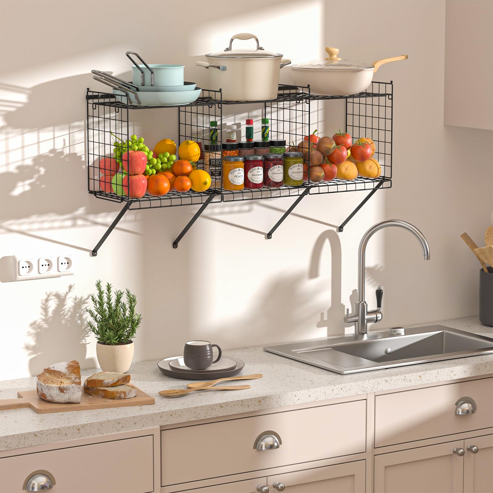 X-cosrack 3 Pack Wire Shelves Wall Mounted with with Height-Adjustable Shelf, 2 Tier Closet Wall Shelves with Wire Storage Baskets for Closet Garage Laundry Room Organization and Storage