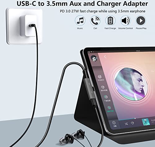 USB C to 3.5mm Audio Headphone Adapter and Charger, 2 in 1 USB C Headphone Jack HiFi DAC with 27W Fast Charging Dongle Adapter Compatible with Galaxy S23 Ultra/S22+/A53/Note 20, Pixel 7/7Pro/6/6Pro/5
