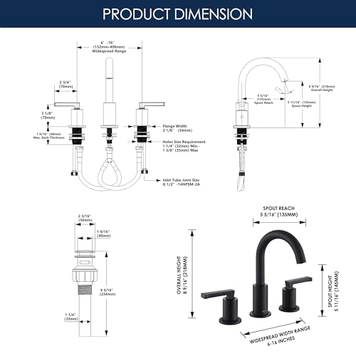 Roffenny 8 inch Widespread Bathroom Faucets, 2-Handle Matte Black Bathroom Sink Faucets for Sink 3 Holes, 360 Degree Swivel High-Arc Spout, 8 in Spread Bath Vanity Sink Faucet, with Pop Up Drain