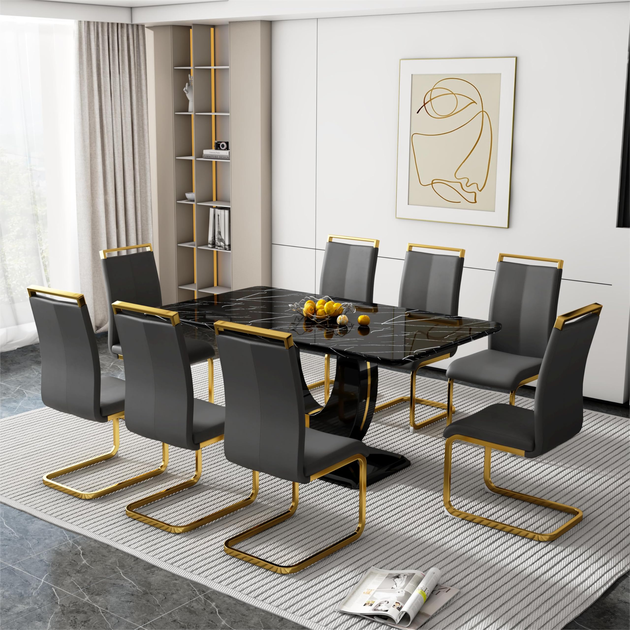 HAIZAO 63 inch Marble Dining Table Set for 8, Black Marble Grain Finish Tabletop Dining Table with MDF Base, PU Faux Leather Chairs with Golden Metal Legs, for Dining Room Kitchen, Black