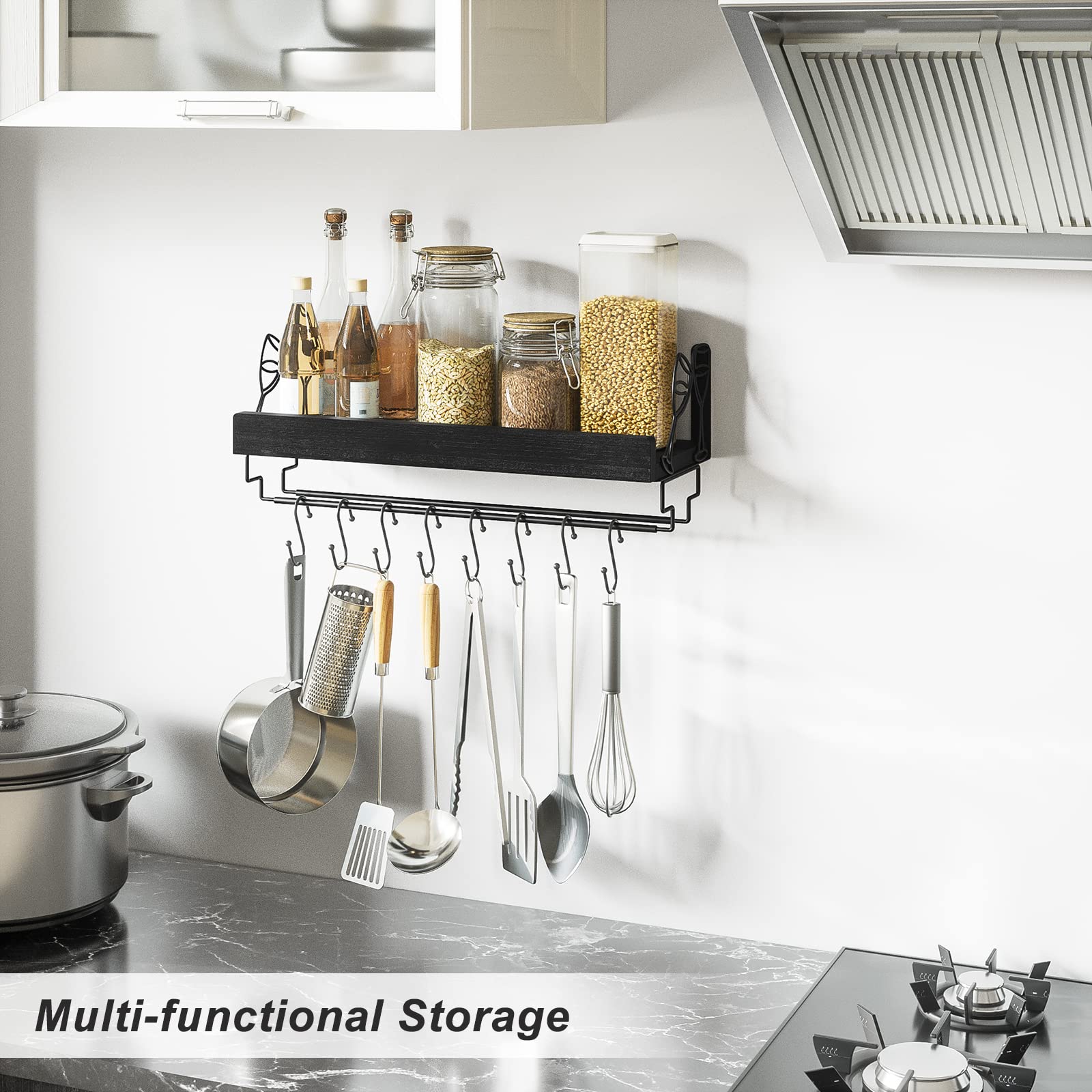 Love-KANKEI Wine Rack with Stemware Hanger, 17inch Wine Glass Rack, Floating Shelf Wall Mounted, Wood Wall Shelf for Kitchen, Dinning Room, Home Bar, Living Room etc, Pitch Black