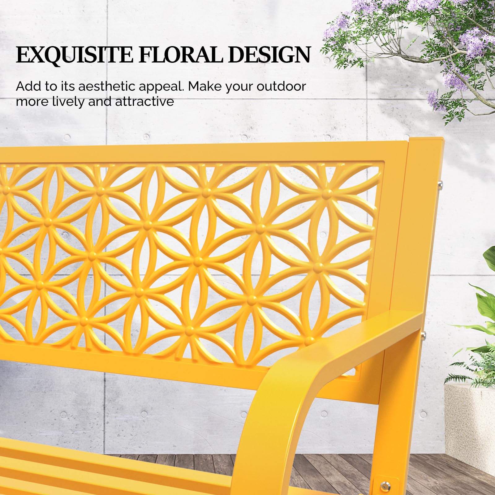 VINGLI 50" Outdoor Bench Metal with Floral Back, Garden Bench Front Porch Bench for Yard Patio Entryway Park Outside, 800lb Capacity - Yellow