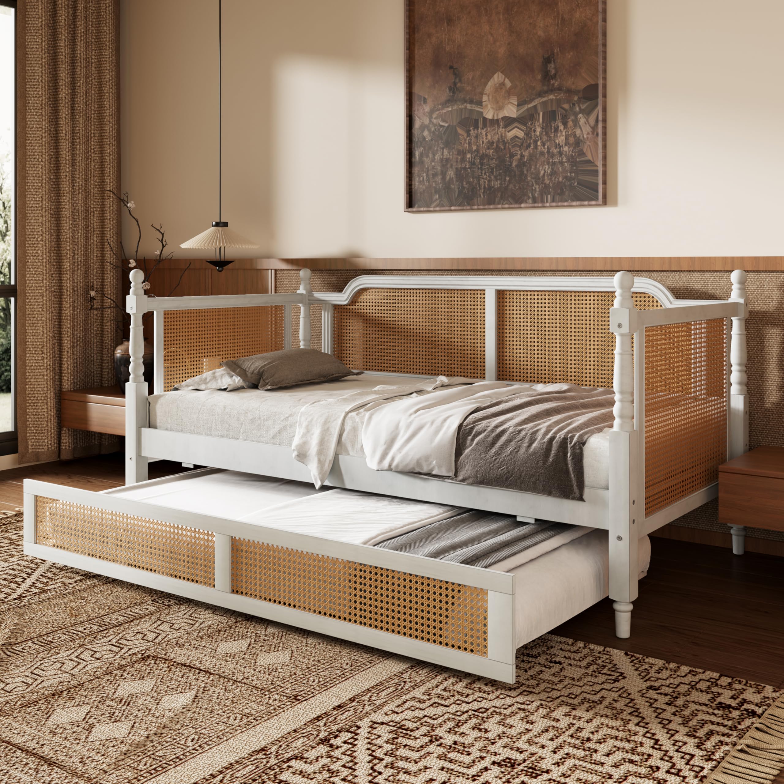 Traditional Style Rattan Full Size Daybed, Wood Daybed with Trundle for Small Space Guestroom, No Box Spring Needed, Antique Walnut